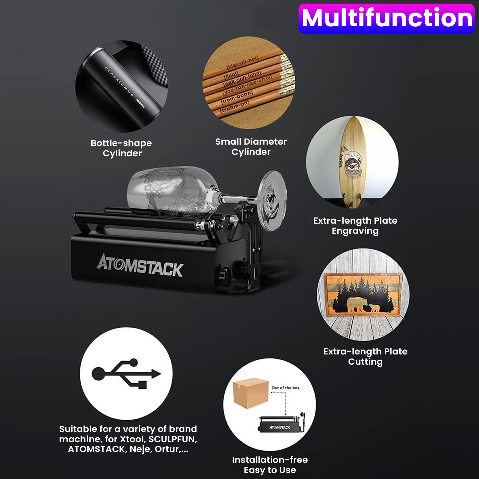 ATOMSTACK R3 Pro Laser Rotary Roller, Engraving Auxiliary Module for Laser Engraver, 360° Y-axis Rotating Roller for Carving of Goblet/Cylindrical/Round/Oversized Objects (R3 Pro Rotary Roller)