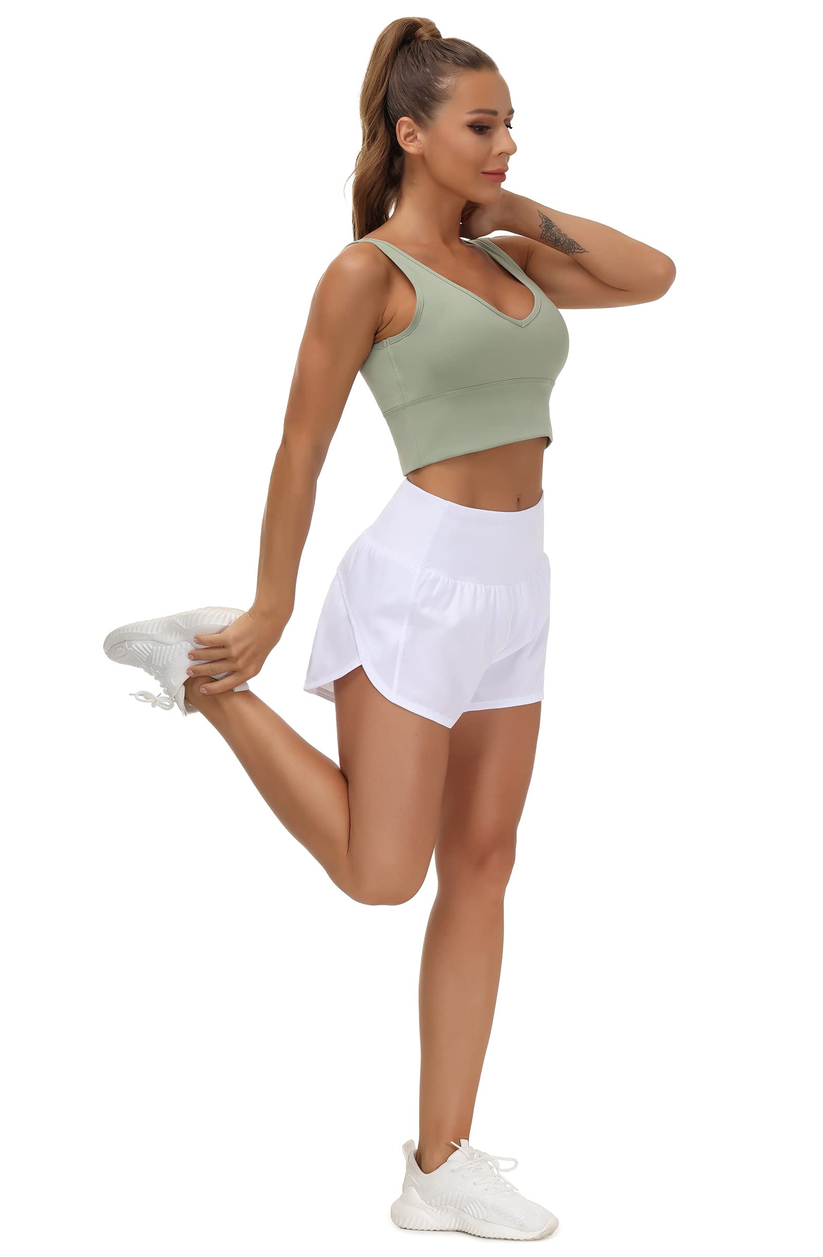 THE GYM PEOPLE Womens High Waisted Running Shorts Quick Dry Athletic Workout Shorts with Mesh Liner Zipper Pockets (White, Large)