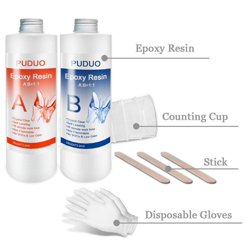 32 OZ Epoxy Resin Clear for Resin Molds, Resin Epoxy Starter Kit, 2 Part Resin for for Jewelry- Including Resin and Hardener (Each 16OZ) with 4 pcs Measuring Cups, 3pcs Sticks, 1 Pair Gloveā¦
