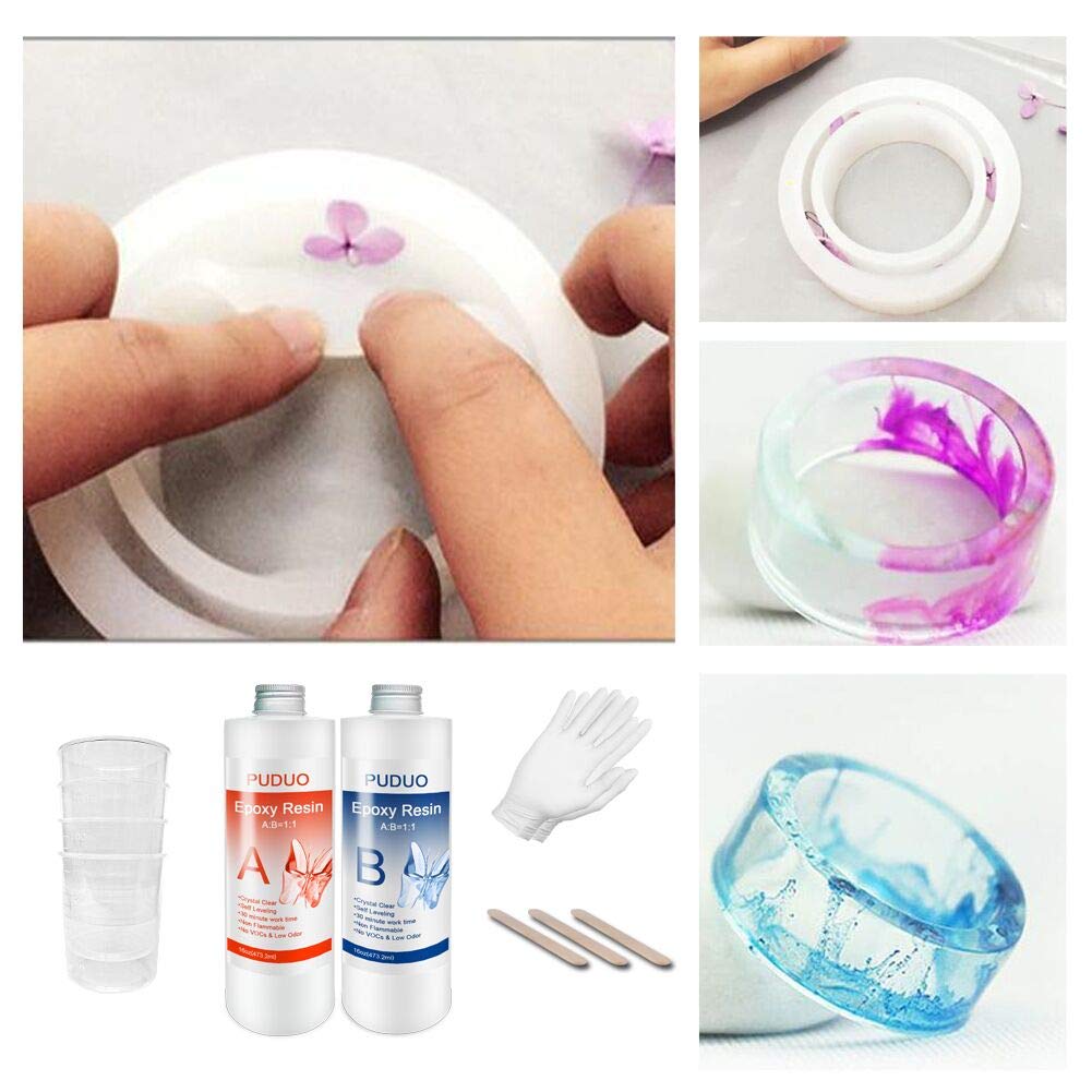 32 OZ Epoxy Resin Clear for Resin Molds, Resin Epoxy Starter Kit, 2 Part Resin for for Jewelry- Including Resin and Hardener (Each 16OZ) with 4 pcs Measuring Cups, 3pcs Sticks, 1 Pair Gloveā¦