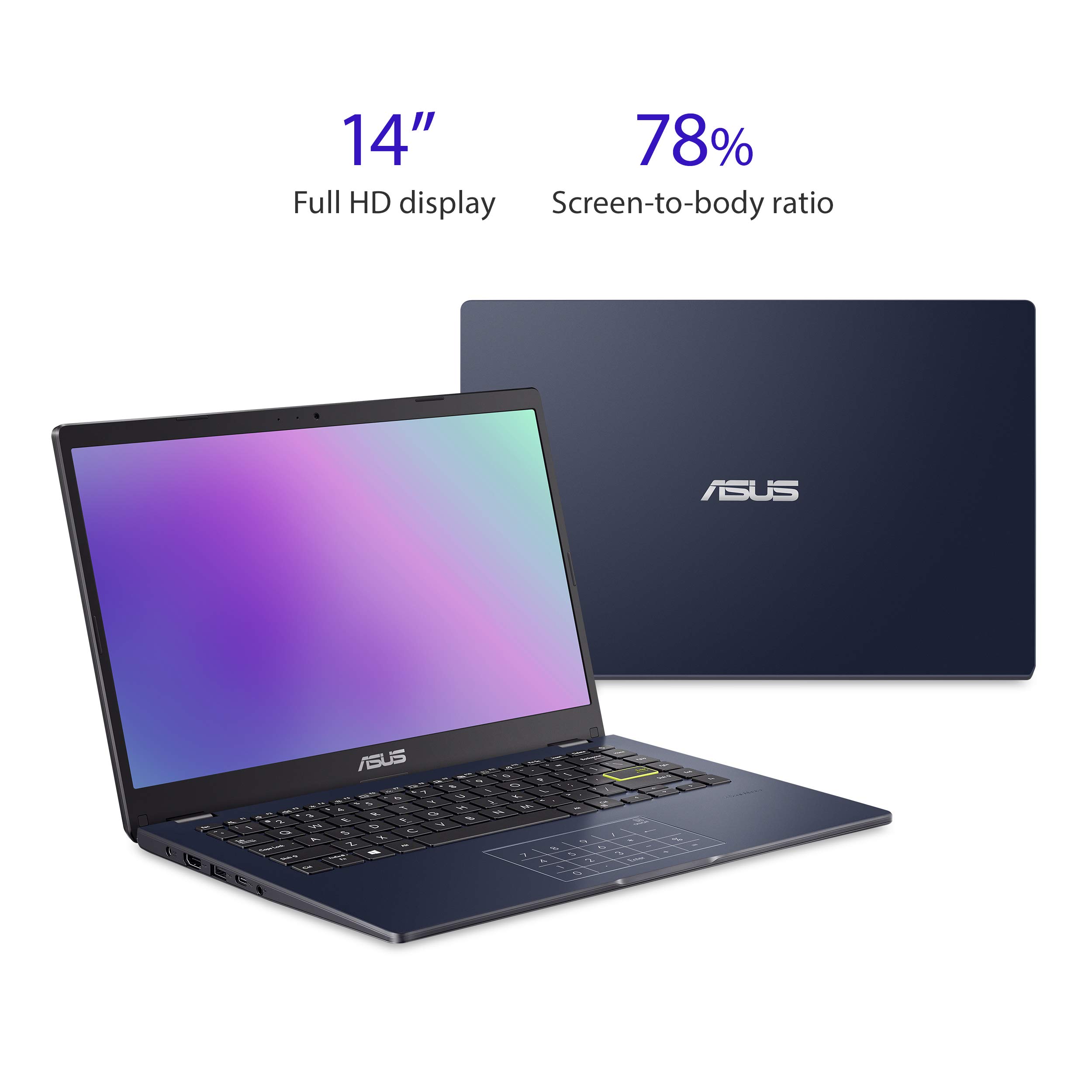 ASUS Laptop L410 Ultra Thin Laptop, 14 FHD Display, Intel Celeron N4020 Processor, 4GB RAM, 64GB Storage, NumberPad, Windows 10 Home in S Mode, Star Black, L410MA-DB02 (Renewed)