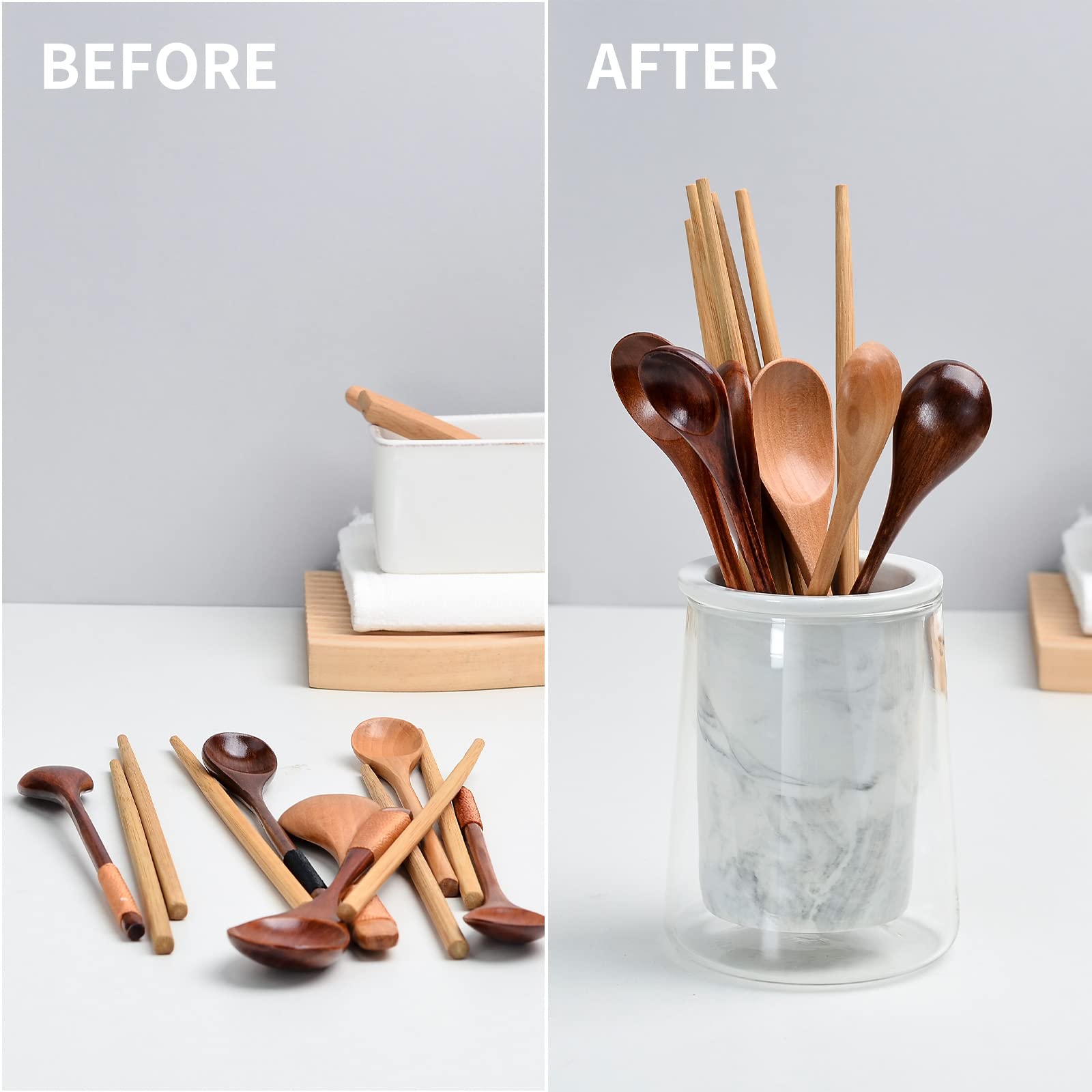 Silverware Caddy, Marble Style Utensil Caddy, Silverware Holder, 3.38″ Utensil Crock with Ceramic Filter Water Utensil Holder and Glass Water Storage Container, Cutlery Caddy, ANTIS'S HOME