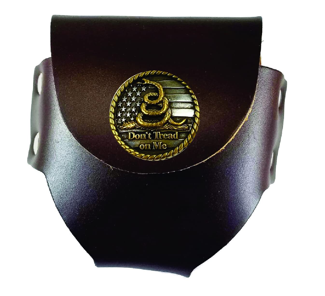 A Don't Tread On Me Concho mounted on Genuine Brown Leather Snuff Can Holder with Snap Closure
