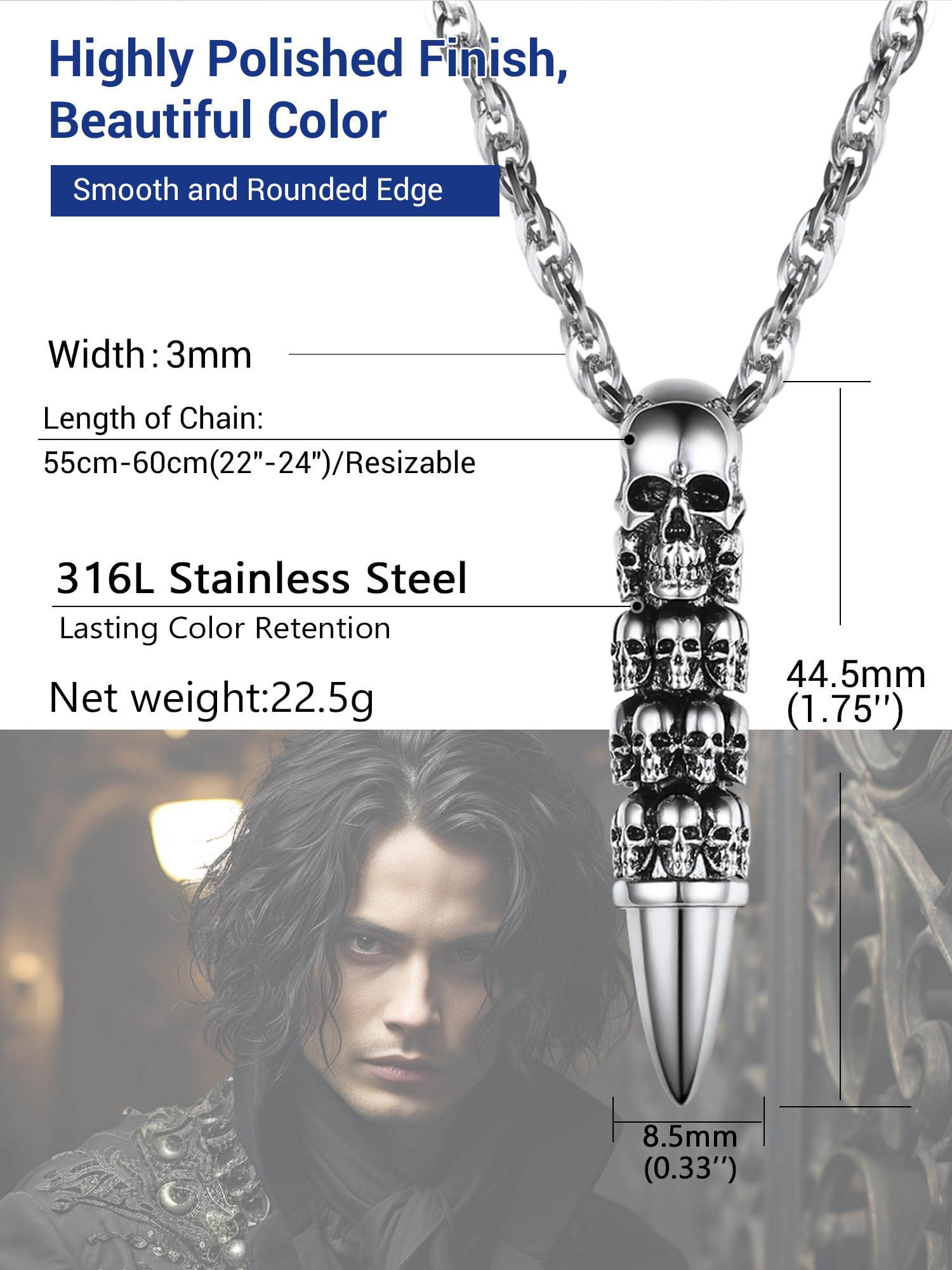 PROSTEEL Stainless Steel Skull Bullet Charm Necklace Skeleton Pendant Halloween Jewelry Retro Vintage Statement Necklace
