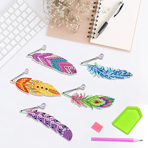 5D Diamond Painting Bookmarks, 12 Pcs DIY Crystal Feather Bookmark, Rhinestone Feather Bookmarks Kits with Crystal Pendant for Kids Adults Home Class Craft School Supplies, 12 Styles