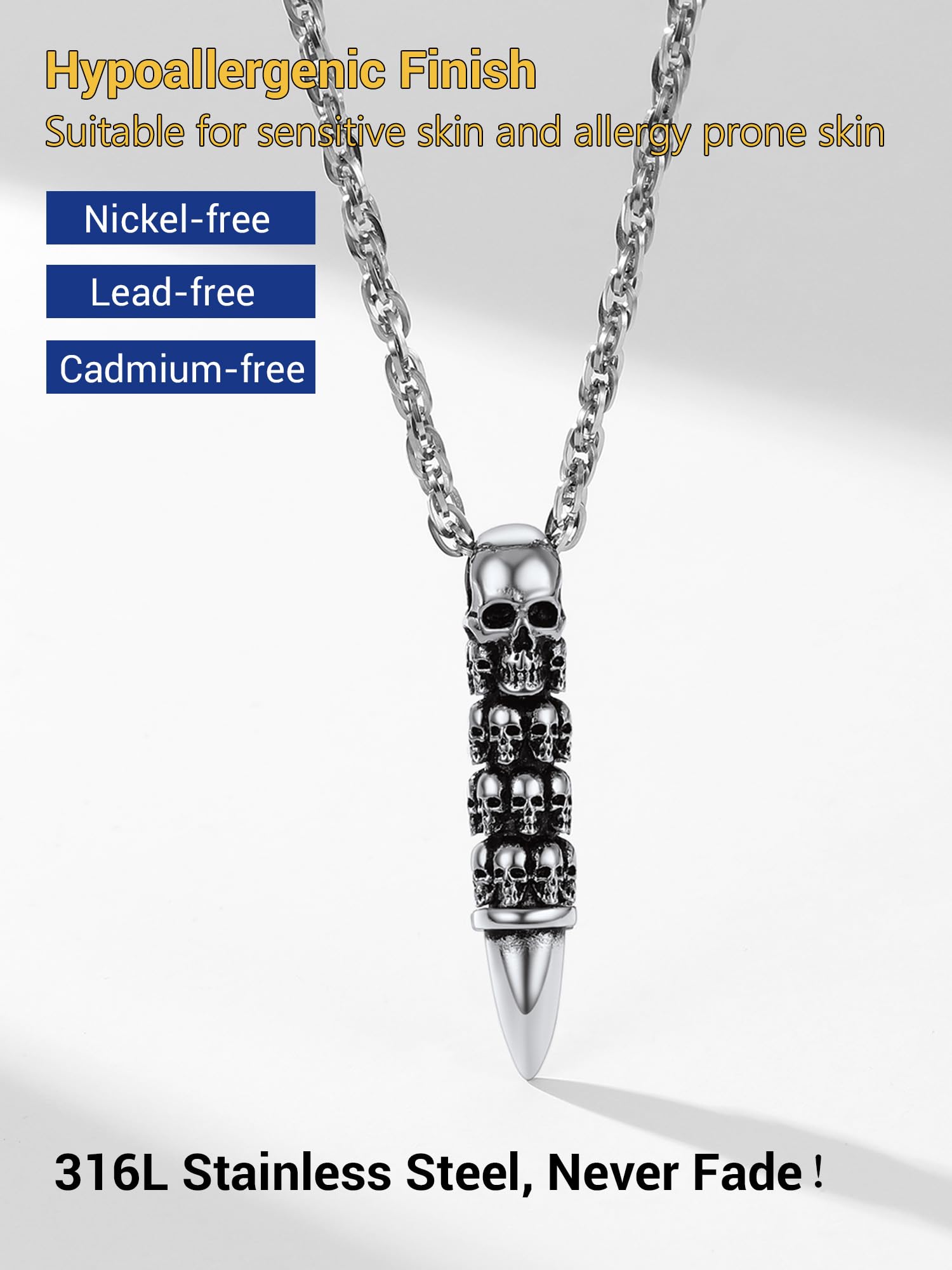 PROSTEEL Stainless Steel Skull Bullet Charm Necklace Skeleton Pendant Halloween Jewelry Retro Vintage Statement Necklace