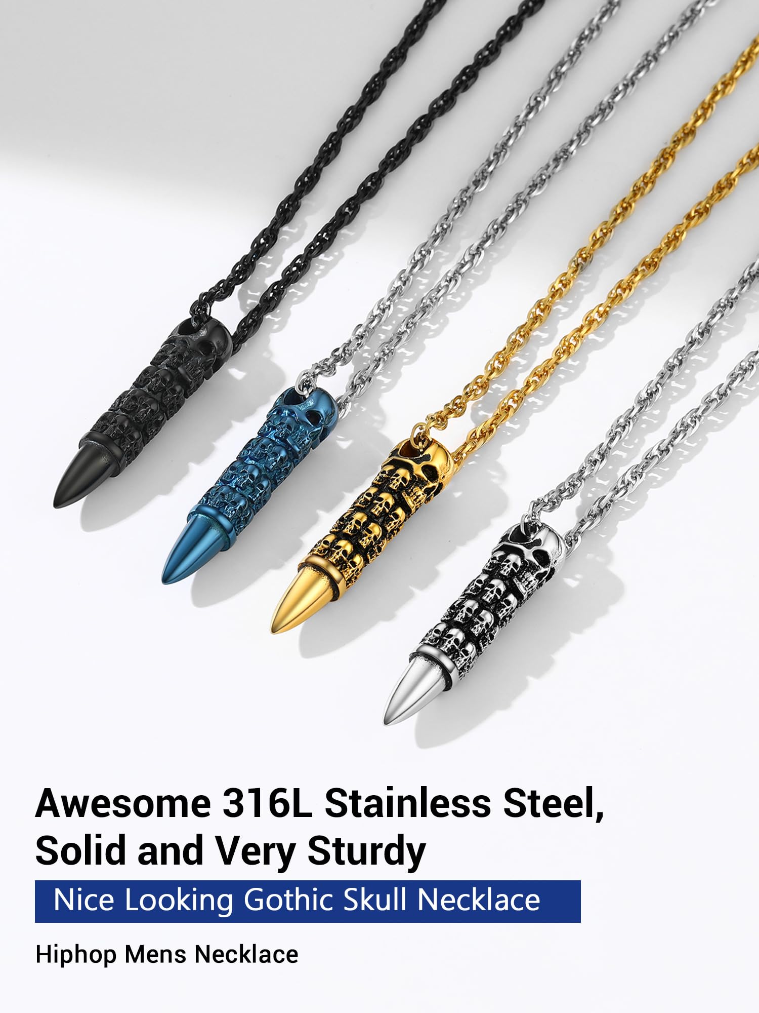 PROSTEEL Stainless Steel Skull Bullet Charm Necklace Skeleton Pendant Halloween Jewelry Retro Vintage Statement Necklace