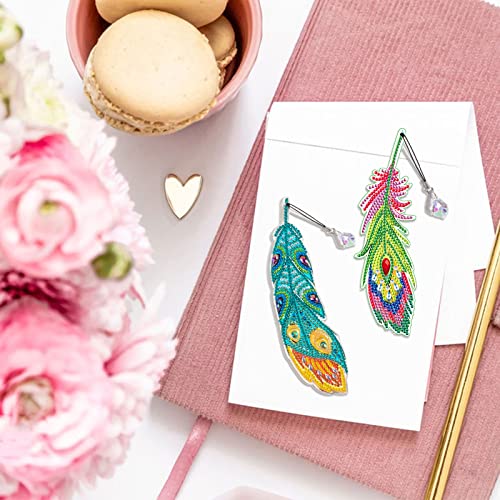5D Diamond Painting Bookmarks, 12 Pcs DIY Crystal Feather Bookmark, Rhinestone Feather Bookmarks Kits with Crystal Pendant for Kids Adults Home Class Craft School Supplies, 12 Styles