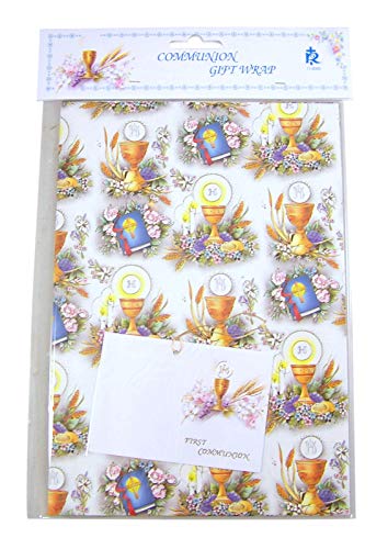 Folded JHS Communion Chalice, Host and Holy Bible Patterned First Communion Wrapping Paper Sheet, Pack of 3, 39 Inches x 27 Inches