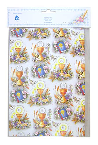 Folded JHS Communion Chalice, Host and Holy Bible Patterned First Communion Wrapping Paper Sheet, Pack of 3, 39 Inches x 27 Inches