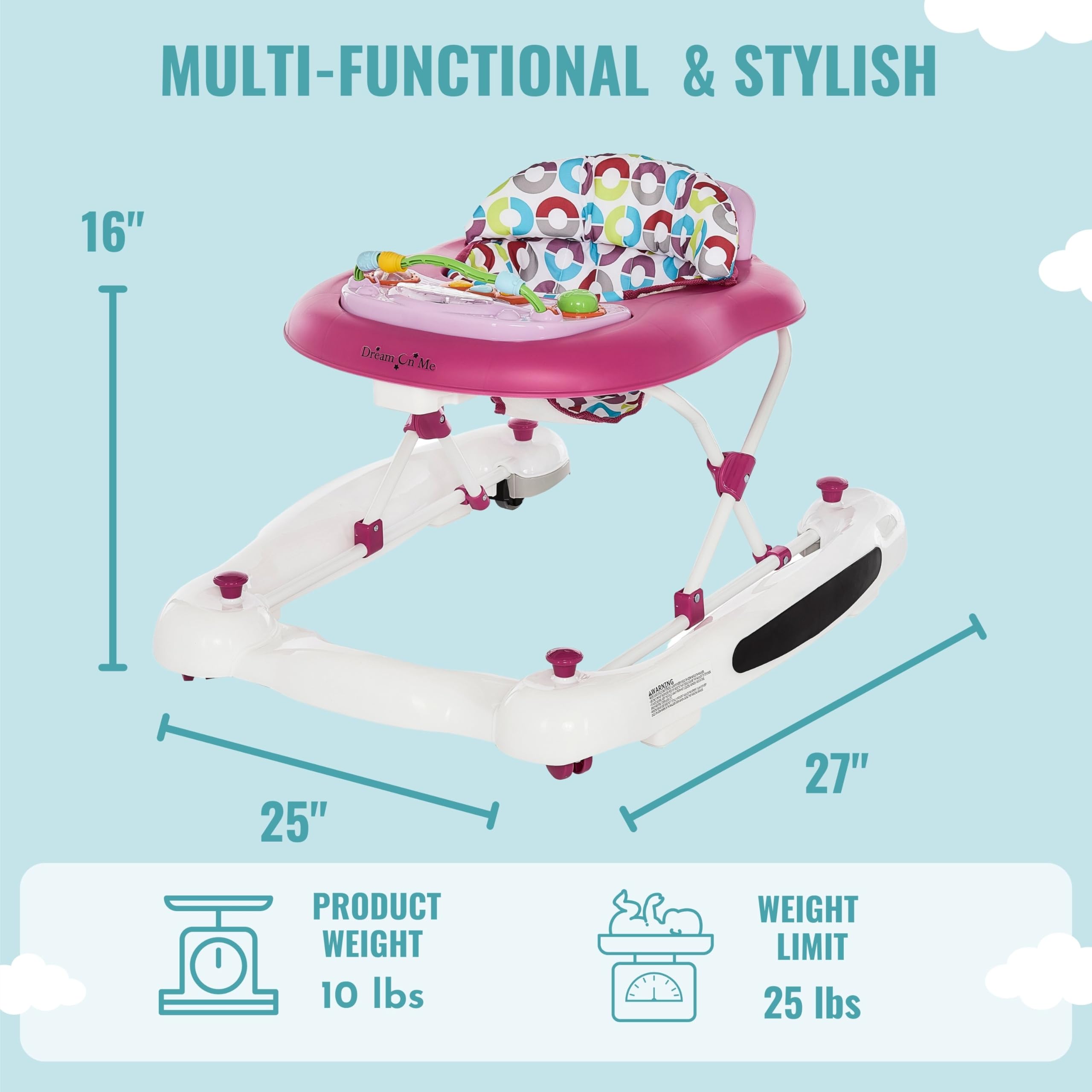Dream On Me Go-Getter 3-in-1 Activity Baby Walker and Walk Behind Walker, Adjustable Seat Height, Comfortable Padded Seat, Easy to Fold, Pack and Store, Detachable Activity Tray, Pink