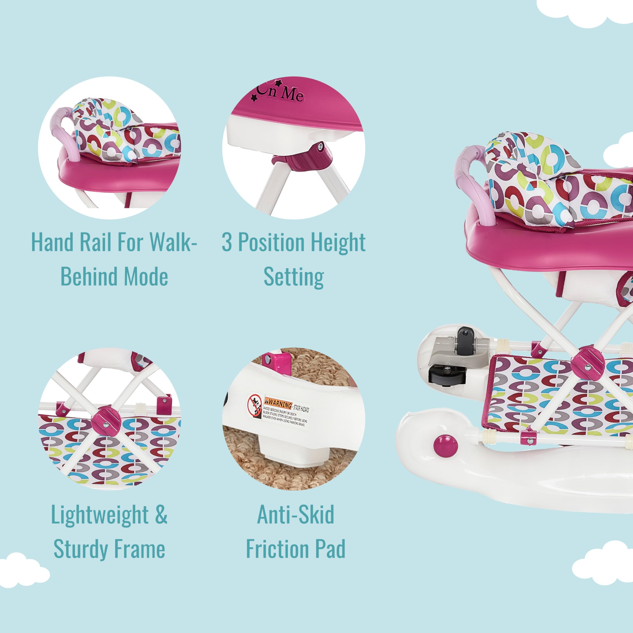 Dream On Me Go-Getter 3-in-1 Activity Baby Walker and Walk Behind Walker, Adjustable Seat Height, Comfortable Padded Seat, Easy to Fold, Pack and Store, Detachable Activity Tray, Pink