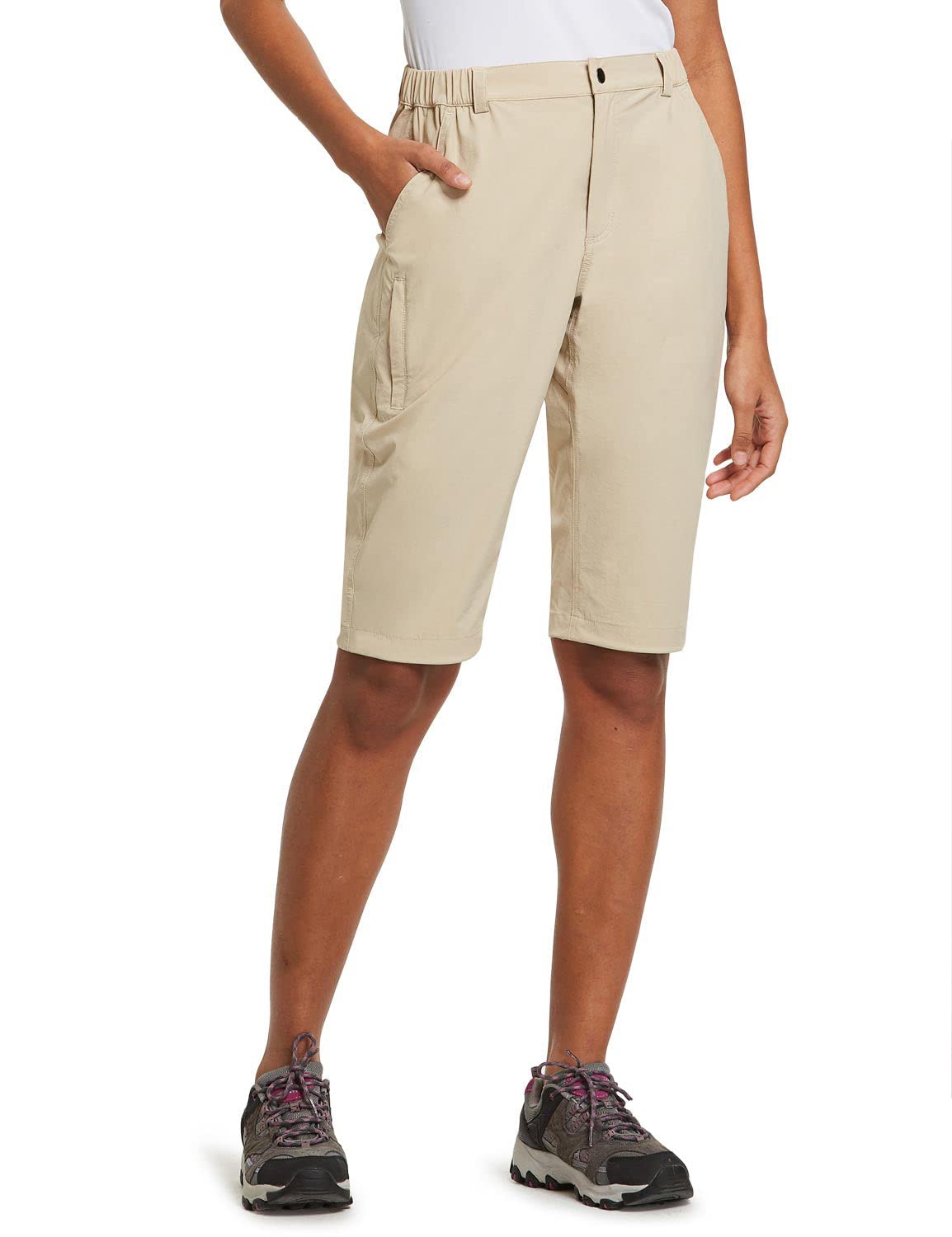 BALEAF Women's Bermuda Khaki Shorts Bermuda Hiking Long Quick Dry Elastic Waist for Work, Camping, Travel Size XL