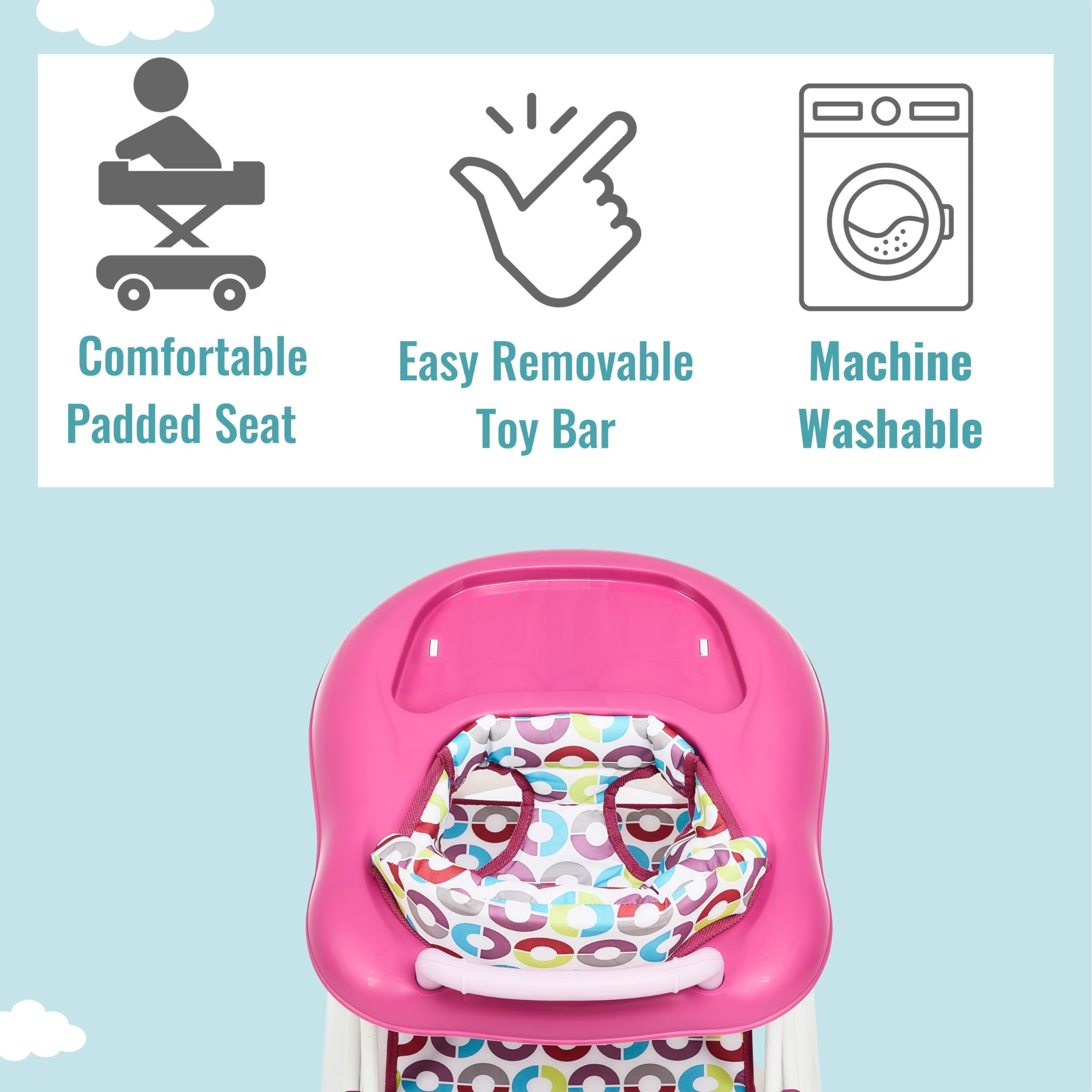 Dream On Me Go-Getter 3-in-1 Activity Baby Walker and Walk Behind Walker, Adjustable Seat Height, Comfortable Padded Seat, Easy to Fold, Pack and Store, Detachable Activity Tray, Pink