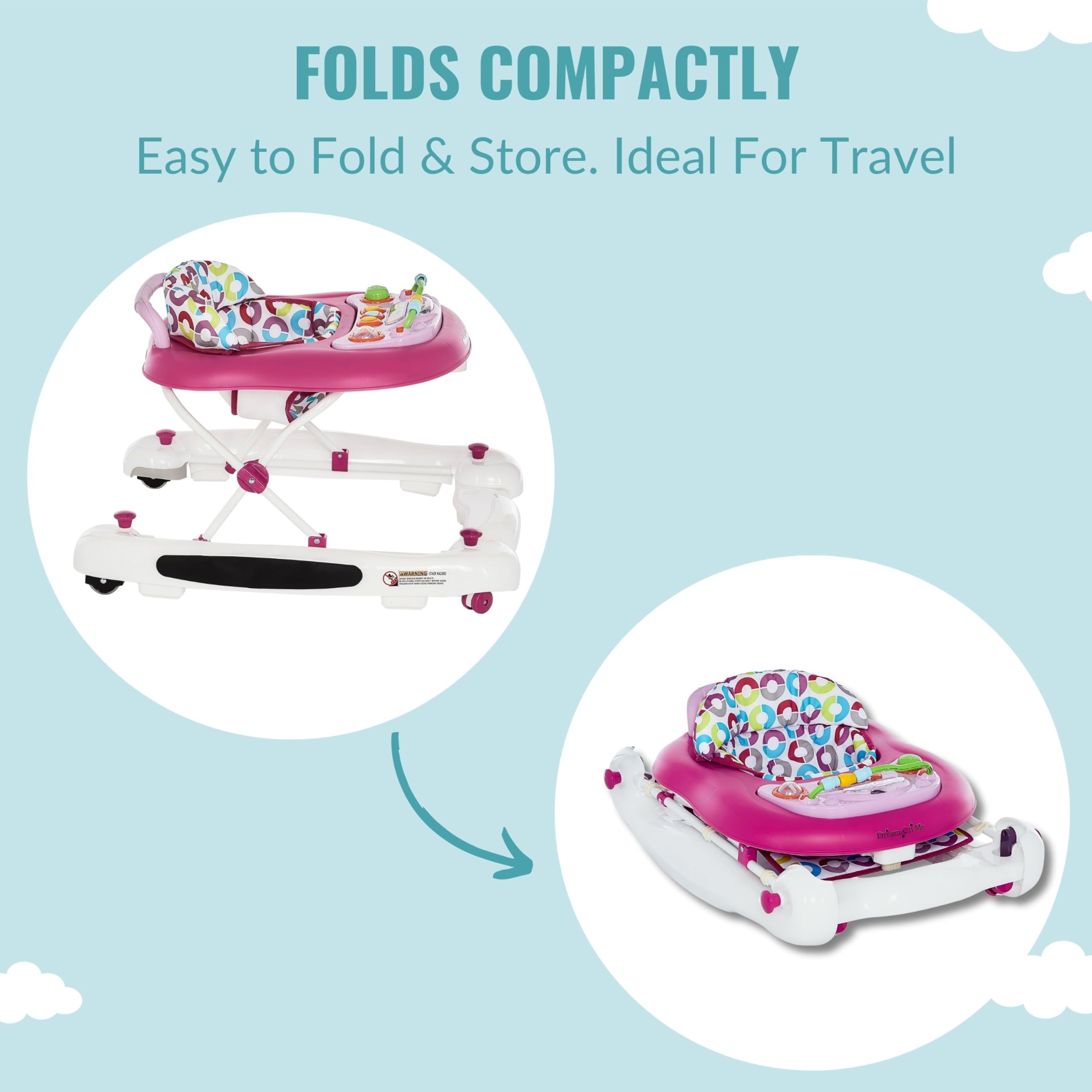Dream On Me Go-Getter 3-in-1 Activity Baby Walker and Walk Behind Walker, Adjustable Seat Height, Comfortable Padded Seat, Easy to Fold, Pack and Store, Detachable Activity Tray, Pink
