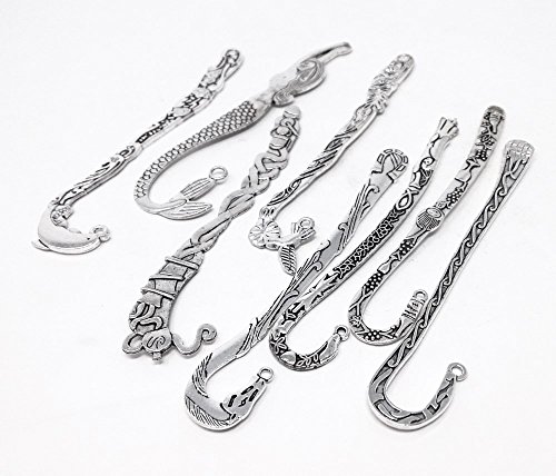 yueton 8pcs Mixed Pattern Antique Silver Metal Carved Hook Bookmarks