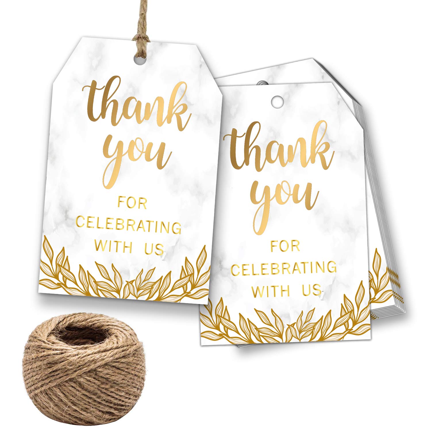 Thank You for Celebrating with Us Tags, 100Pcs Marble Pattern Thank You Gift Tags with 100 Feet Natural Jute Twine for Wedding, Birthday, Baby Shower Party Favors, Paper Gift Tags.