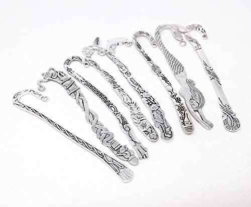 yueton 8pcs Mixed Pattern Antique Silver Metal Carved Hook Bookmarks