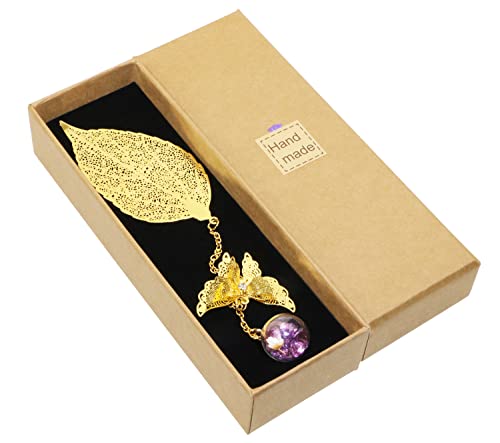 Penta Angel Metal Leaf Bookmark with 3D Butterfly Pendant Birthday Garduation Christmas Appreciation Gift Set for Teachers Students Book Lovers Readers (Gold, Purple White Flower)