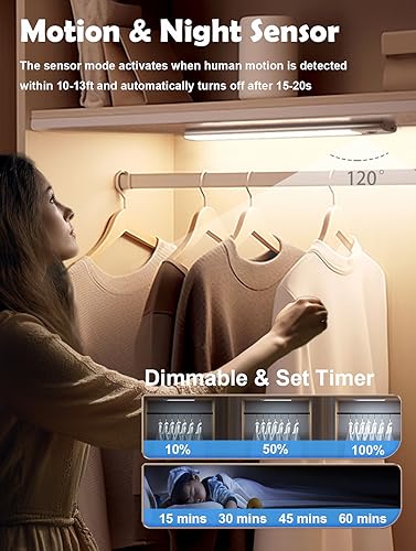 Kasanfe 64-LED Under Cabinet Lights, Motion Sensor Under Cabinet Lighting, 1500mAh Rechargeable LED Closet Light Remote, Under Counter Lights for Kitchen, Shelf, Pantry (3 Pack)