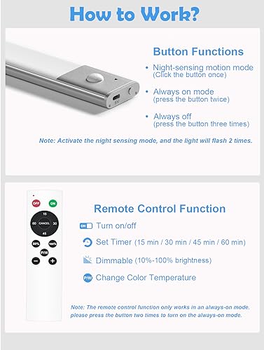 Kasanfe 64-LED Under Cabinet Lights, Motion Sensor Under Cabinet Lighting, 1500mAh Rechargeable LED Closet Light Remote, Under Counter Lights for Kitchen, Shelf, Pantry (3 Pack)
