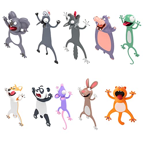 3D Wacky Bookmark - More Fun Reading, 3D Cartoon Animal Bookmark, Novelty Funny Animal Reading Bookmarks, Cute Squashed Animal Stationery (Set of 10)