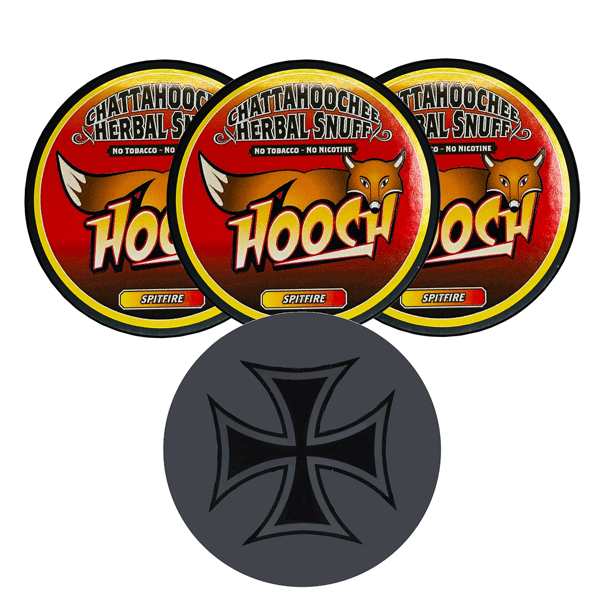 Hooch Herbal Snuff Spitfire Fine Cut 3 Cans with DC Crafts Nation Skin Can Cover - Iron Cross