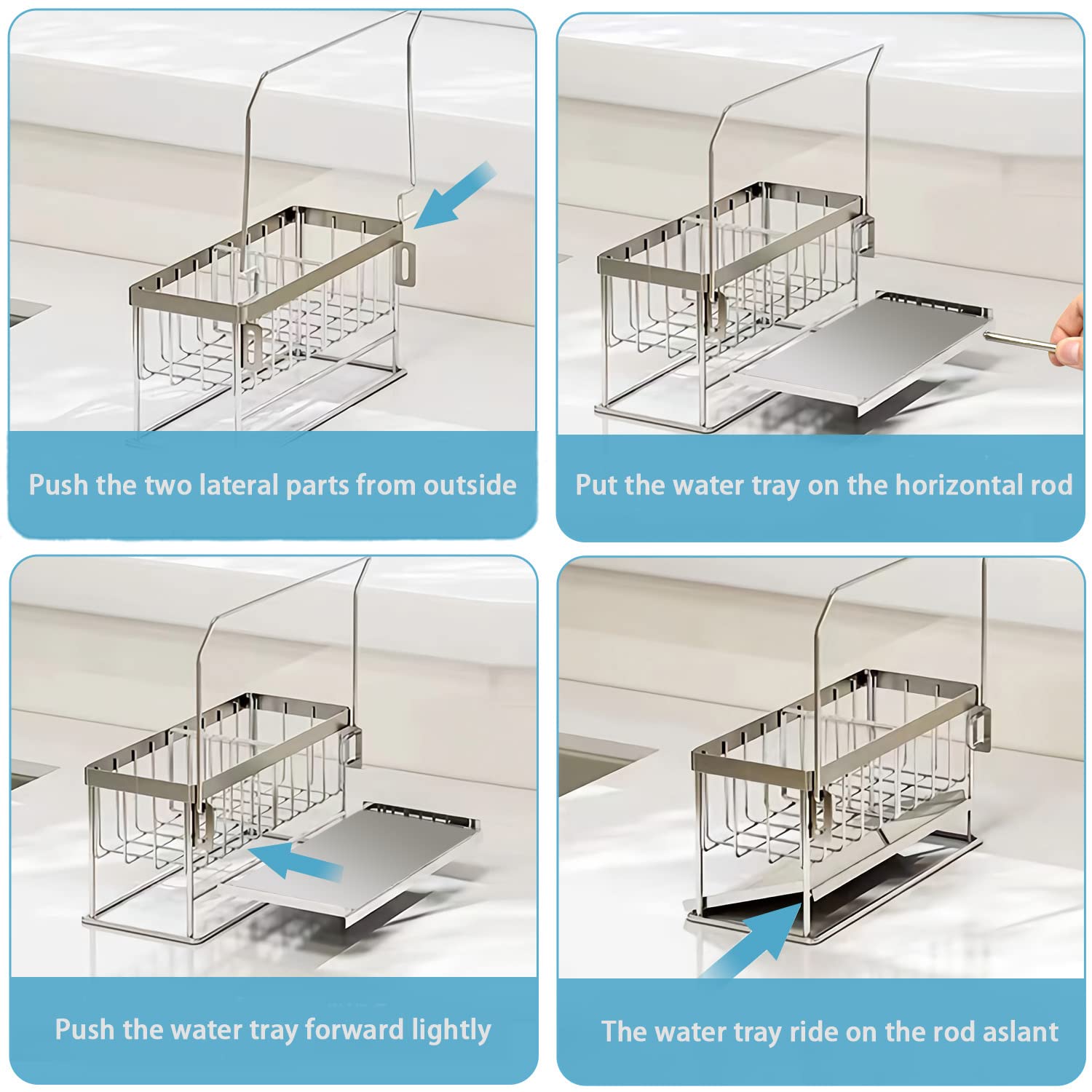 iBigLY Sponge Holder Kitchen Sink Caddy Organizer, 304 Stainless Steel Kitchen Soap Dispenser Caddy Organizer with Auto Drain Tray, Sink Rack for Kitchen & Bathroom Holding Sponge and Towel (Silver)