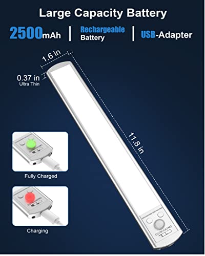 Under Cabinet Lights Motion Sensor: 90-LED Closet Lights Under Counter Lights for Kitchen 2500mAh 3 Color Dimmable USB Rechargeable Wireless Magnetic Lights for bedroom Hallway Stairway 11.8 inch 2Pcs