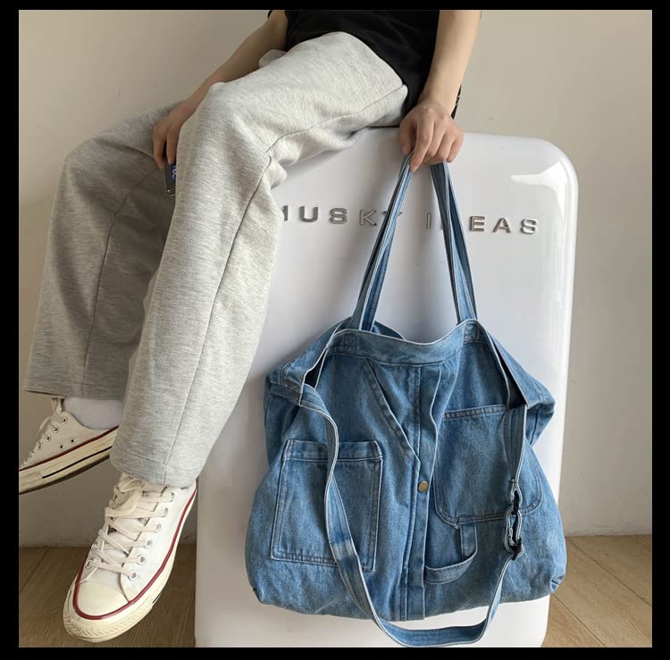 Denim Tote Bag Casual Style Lightweight Classic Retro Travel Shopper Shoulder Handbag Crossbody Handbag (Dark Blue)
