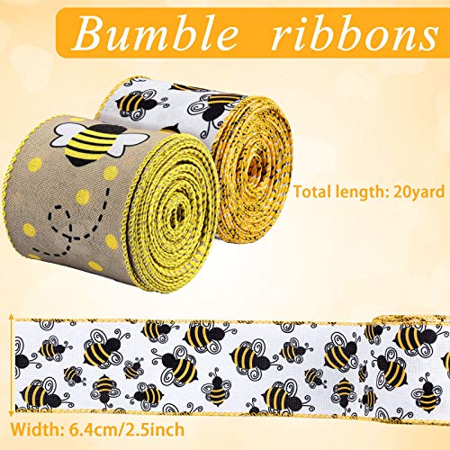 2 Rolls 20 Yards Bee Wired Edge Ribbons Honeybee Canvas Wired Edge Ribbons Black Yellow Wired Edge Ribbon for DIY Craft Wrapping Floral Hanging Ornaments, 2 Styles