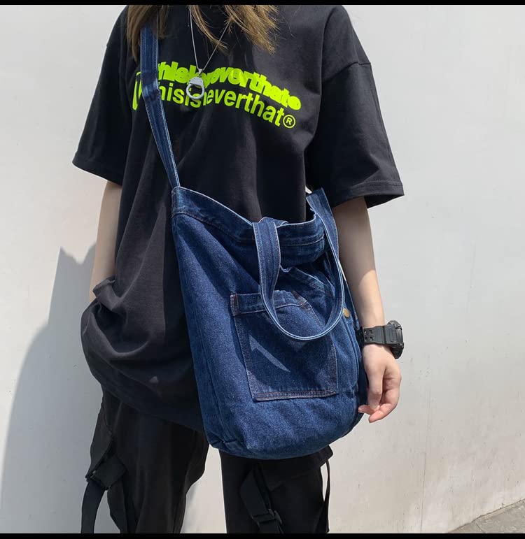 Denim Tote Bag Casual Style Lightweight Classic Retro Travel Shopper Shoulder Handbag Crossbody Handbag (Dark Blue)