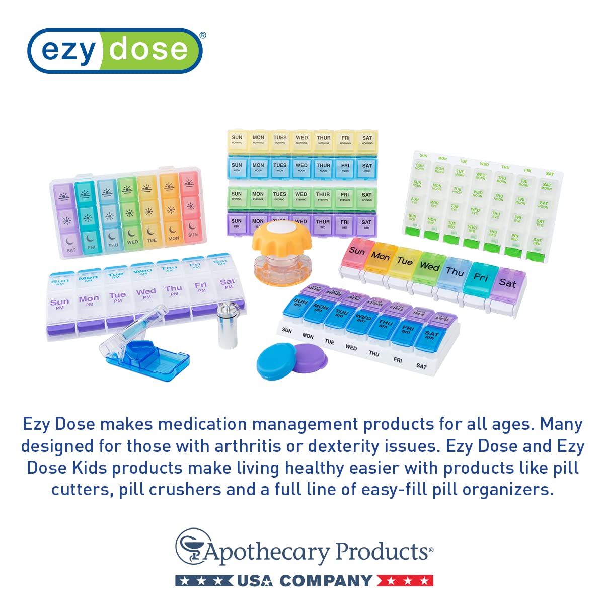 EZY DOSE 3 Compartment Pill Crusher, Cutter and Grinder, Daily Usage, Safely Cut Pills, Vitamins, Tablets, Accurate and Easy Cutting, Stainless Steel Blade, Removable Drinking Cup, Red, BPA Free