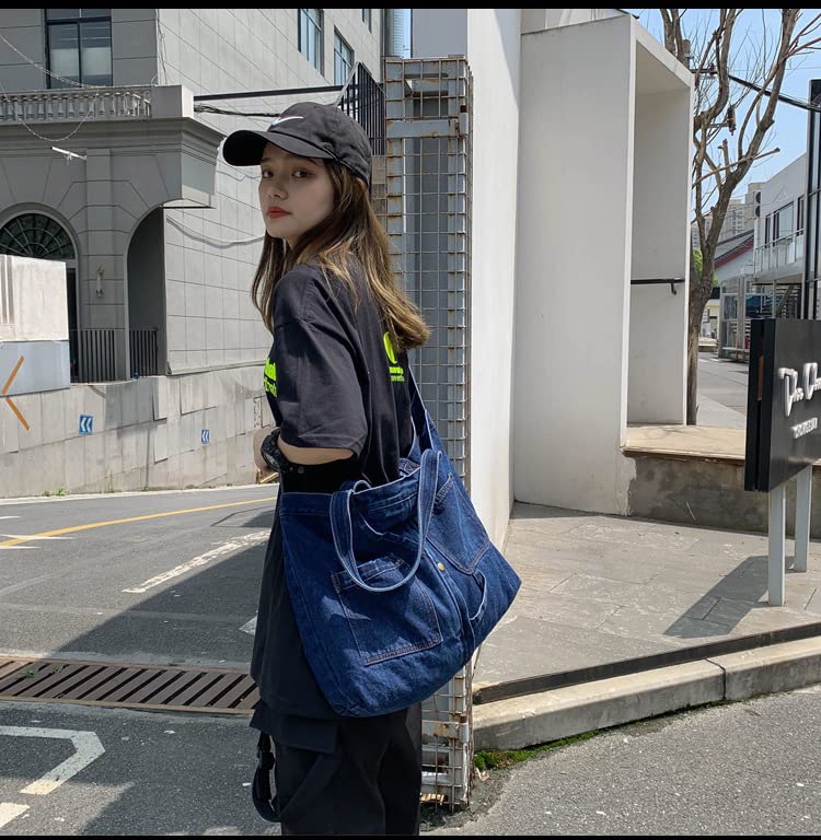 Denim Tote Bag Casual Style Lightweight Classic Retro Travel Shopper Shoulder Handbag Crossbody Handbag (Dark Blue)