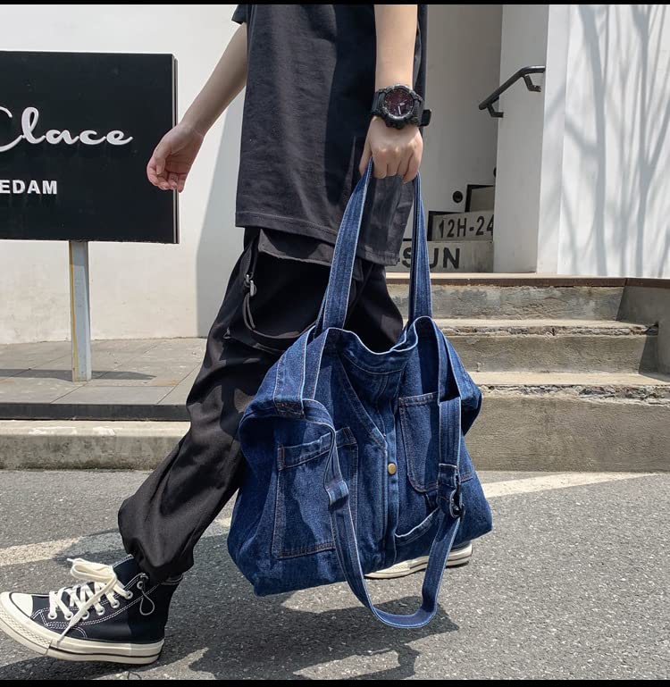 Denim Tote Bag Casual Style Lightweight Classic Retro Travel Shopper Shoulder Handbag Crossbody Handbag (Dark Blue)