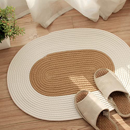 Cotton Braided Rug Mat for Front Door Kitchen Bathroom Oval Doormat Absorbent Quick Dry Mat Reversible Living Room Carpet 17.5"x25.5" White & Brown