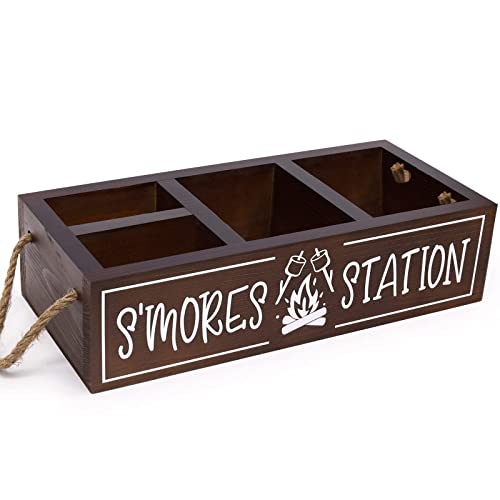 S'mores Station Wooden Box S'mores Bar Holder with Handles Farmhouse Kitchen Decor Rustic Smores Roasting Station Wood Organizer Camping BBQ Accessories Teacher Gift