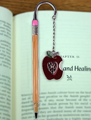 Teacher Bookmark - Pencil Design with Jeweled & Enameled Apple Style Charm - Teacher Appreciation Gift