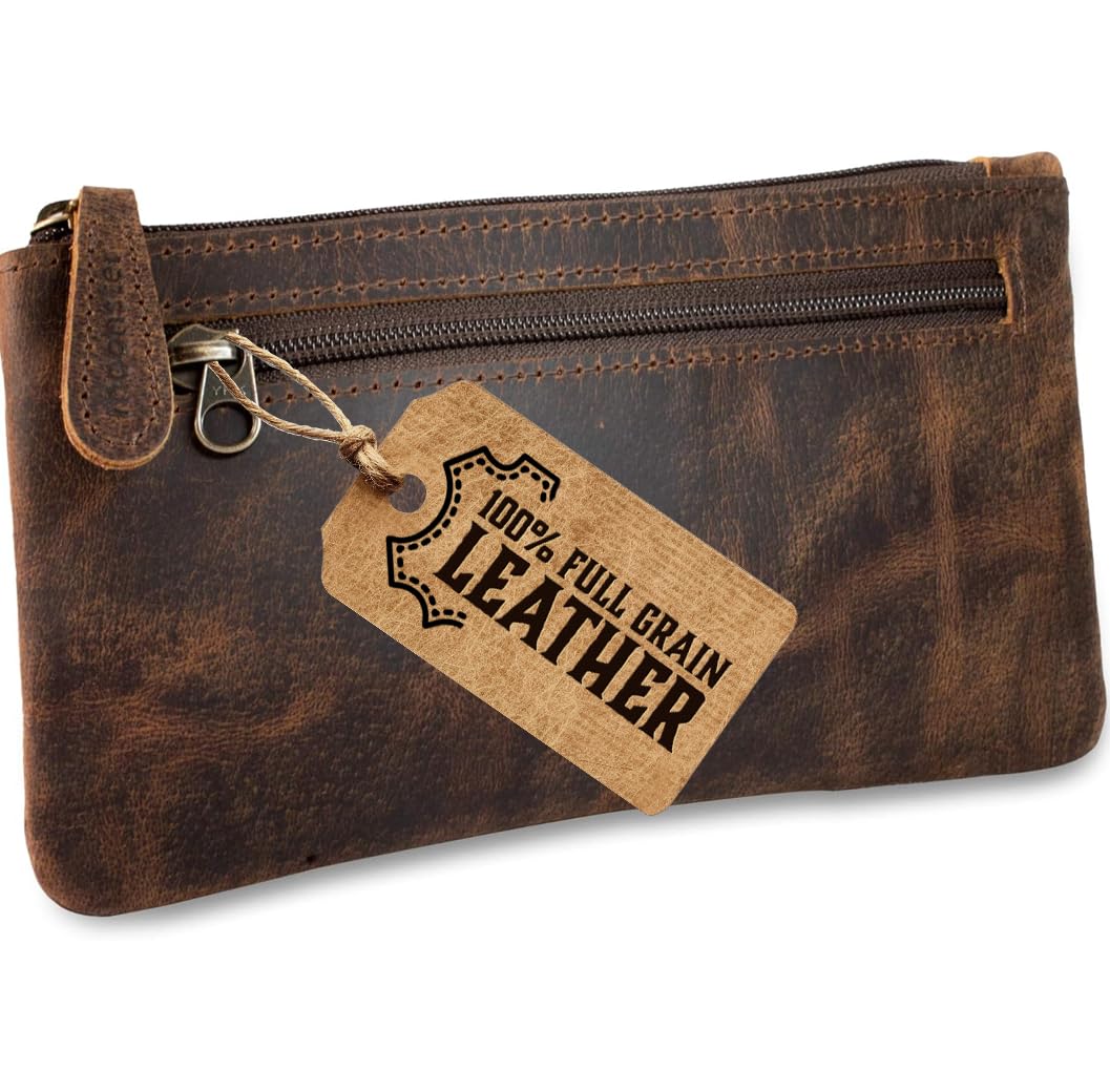 Moonster Leather Pencil Case Beautifully Handcrafted Zippered Pouch That’s Made To Last - Elegant, Practical Pencil Cases for Adults & Students - Unique 8" x 4" Design with Side Pocket & Keyring