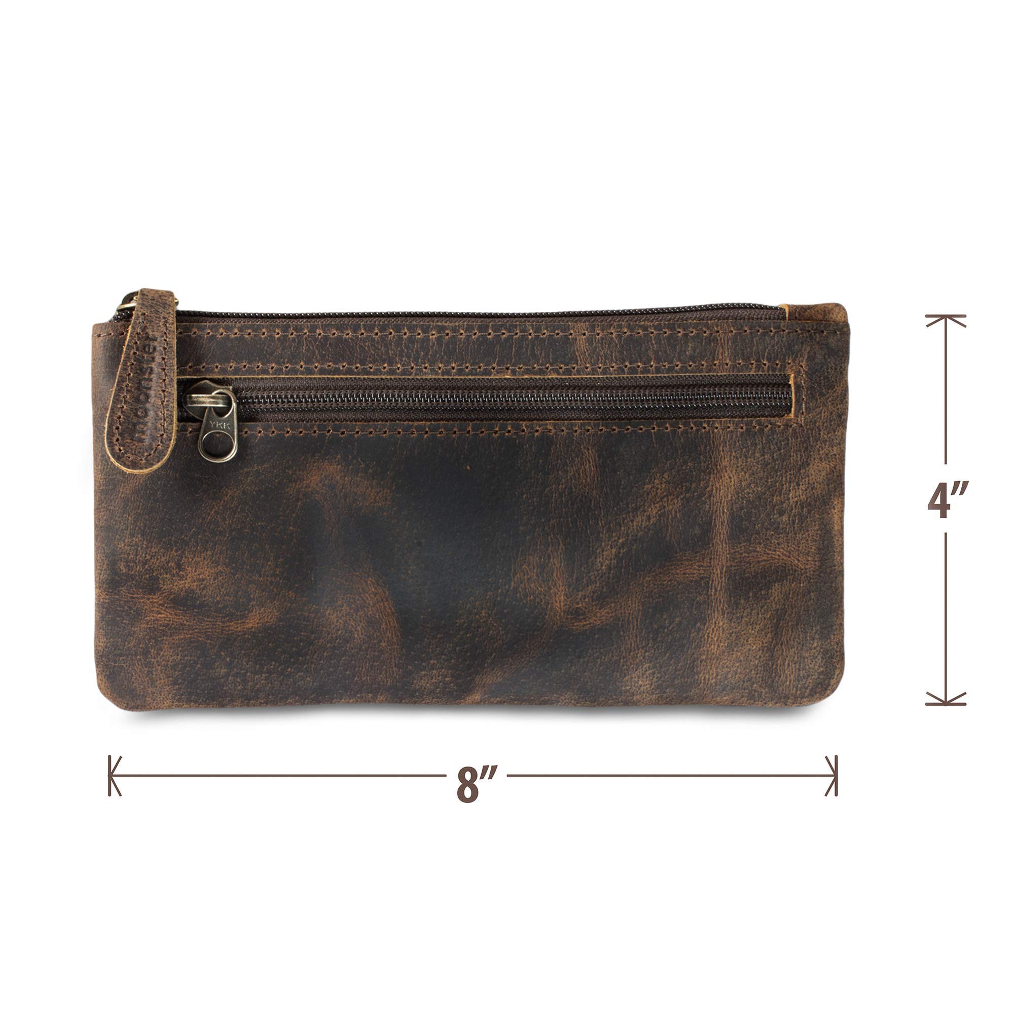 Moonster Leather Pencil Case Beautifully Handcrafted Zippered Pouch That’s Made To Last - Elegant, Practical Pencil Cases for Adults & Students - Unique 8" x 4" Design with Side Pocket & Keyring