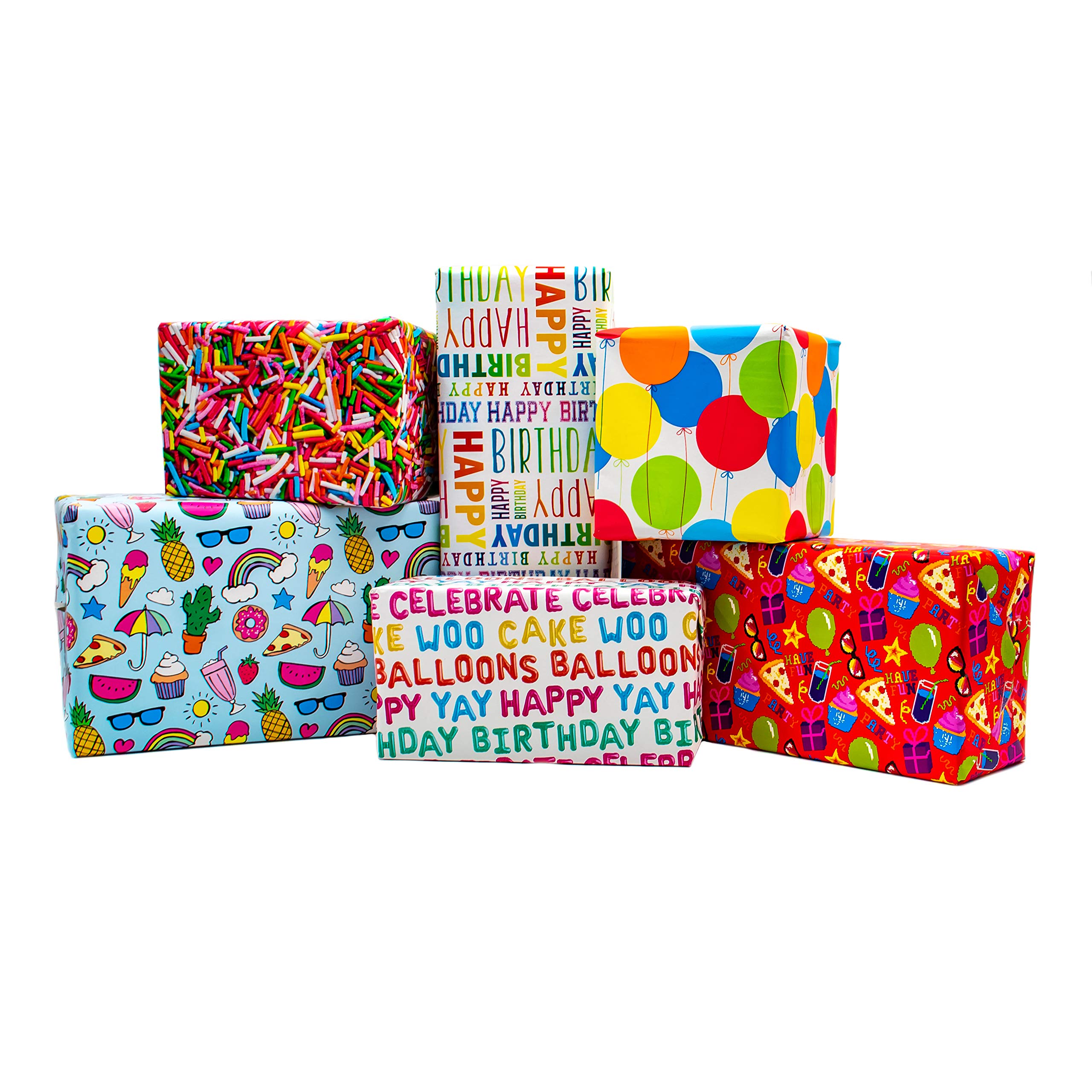 B-THERE Birthday Gift Wrap Wrapping Paper for Boys, Girls, Adults. 6 Cute & Funny Different Designs of 6 ft X 30 Roll! Includes Cactus, Fruit, Rainbows, Rainbow Sprinkles, Pizza, Balloons, Donuts