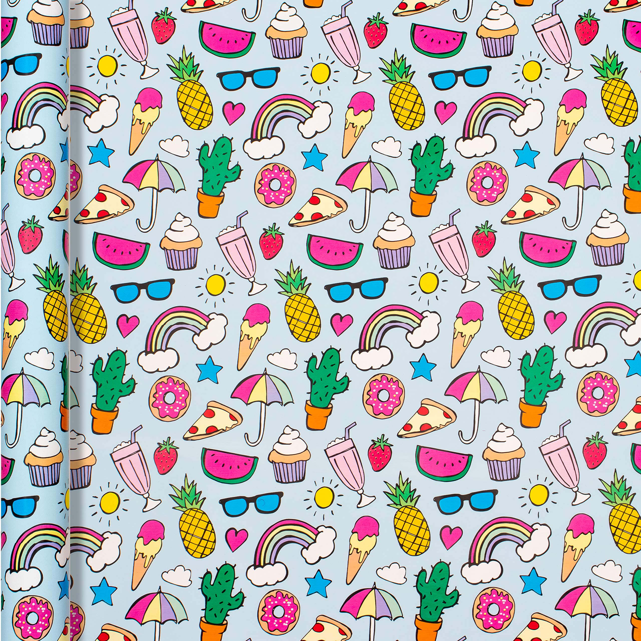 B-THERE Birthday Gift Wrap Wrapping Paper for Boys, Girls, Adults. 6 Cute & Funny Different Designs of 6 ft X 30 Roll! Includes Cactus, Fruit, Rainbows, Rainbow Sprinkles, Pizza, Balloons, Donuts