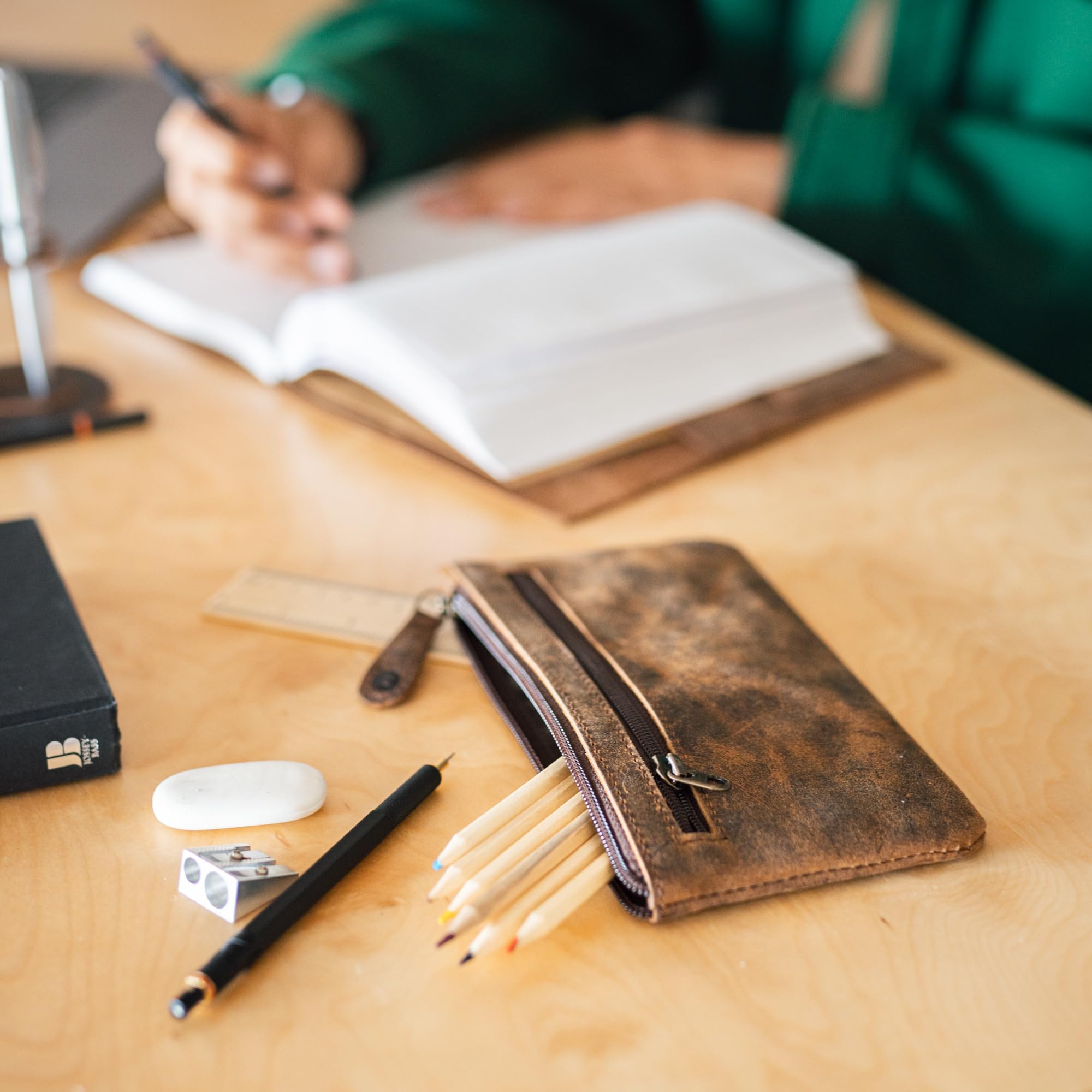 Moonster Leather Pencil Case Beautifully Handcrafted Zippered Pouch That’s Made To Last - Elegant, Practical Pencil Cases for Adults & Students - Unique 8" x 4" Design with Side Pocket & Keyring