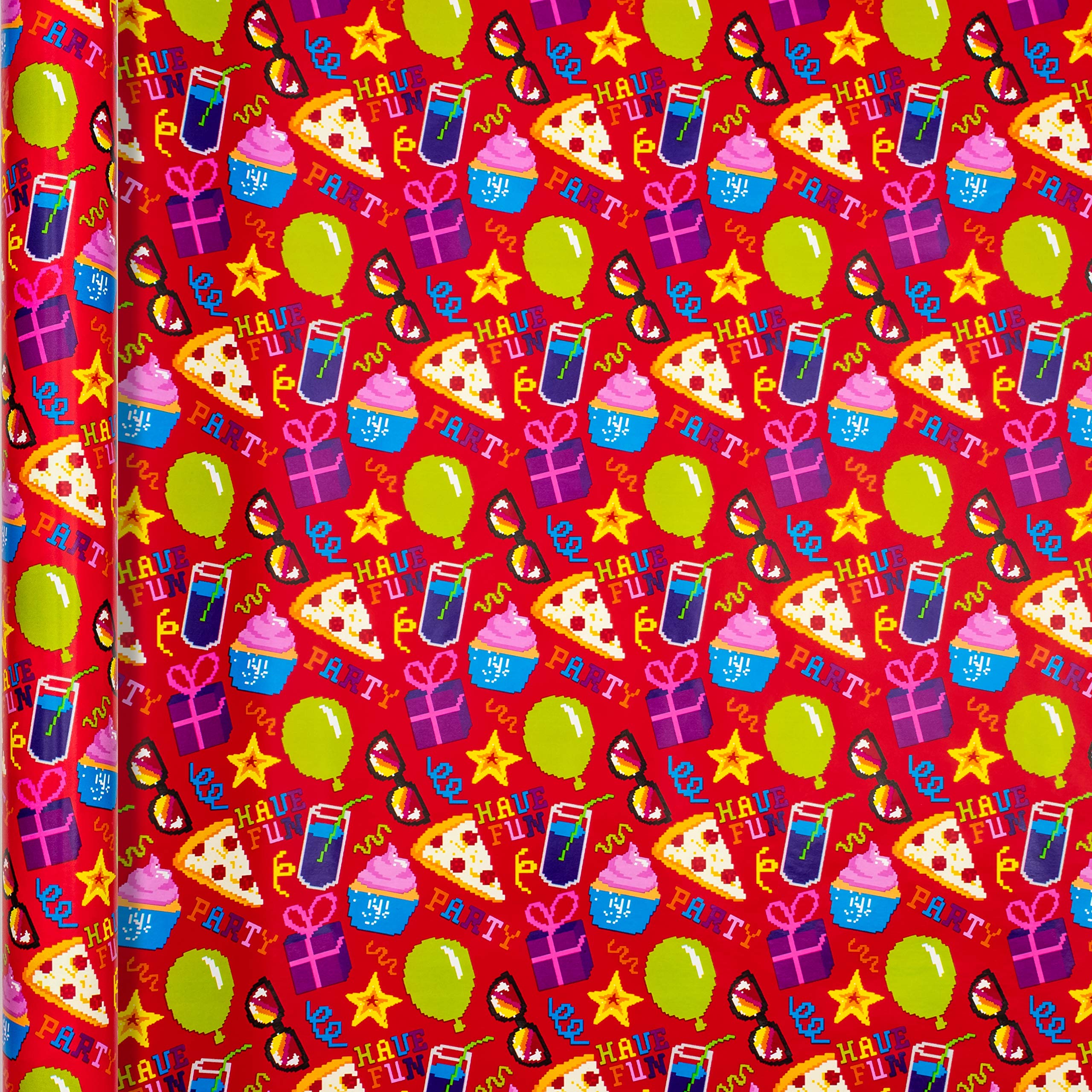 B-THERE Birthday Gift Wrap Wrapping Paper for Boys, Girls, Adults. 6 Cute & Funny Different Designs of 6 ft X 30 Roll! Includes Cactus, Fruit, Rainbows, Rainbow Sprinkles, Pizza, Balloons, Donuts