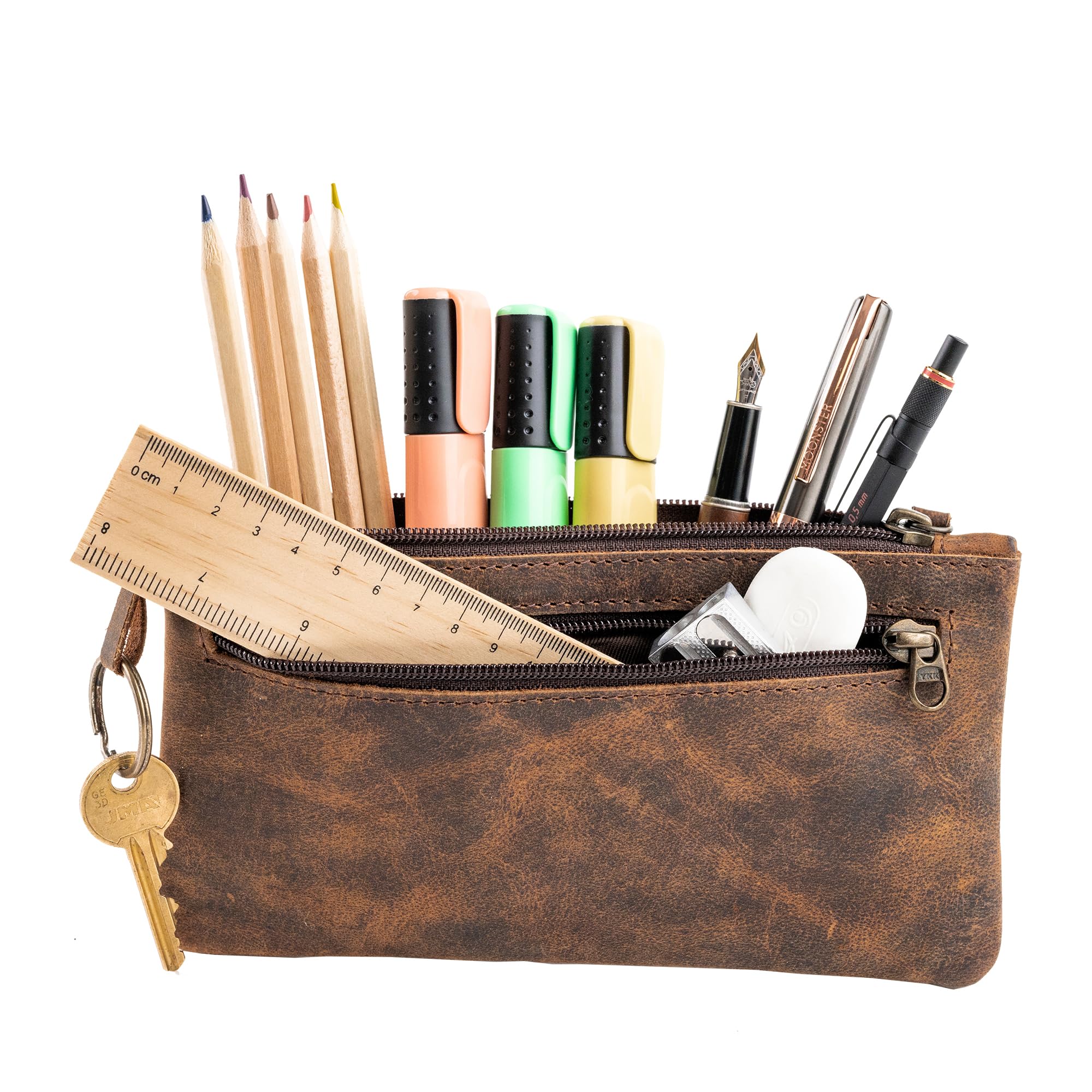 Moonster Leather Pencil Case Beautifully Handcrafted Zippered Pouch That’s Made To Last - Elegant, Practical Pencil Cases for Adults & Students - Unique 8" x 4" Design with Side Pocket & Keyring