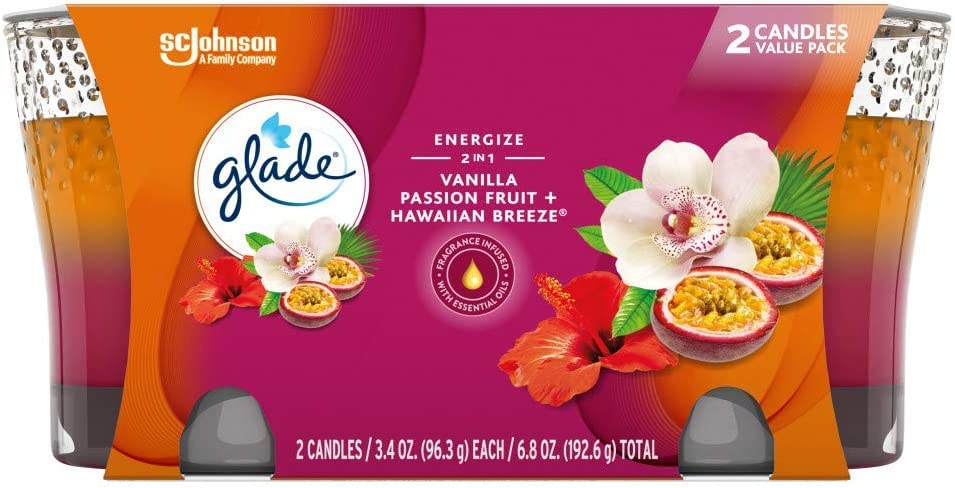 Glade Jar Candles, Fragrance Candles Infused with Essential Oils, Air Freshener Candles, 4 Candles 3.4 Oz (Vanilla Passion Fruit & Hawaiian Breeze)