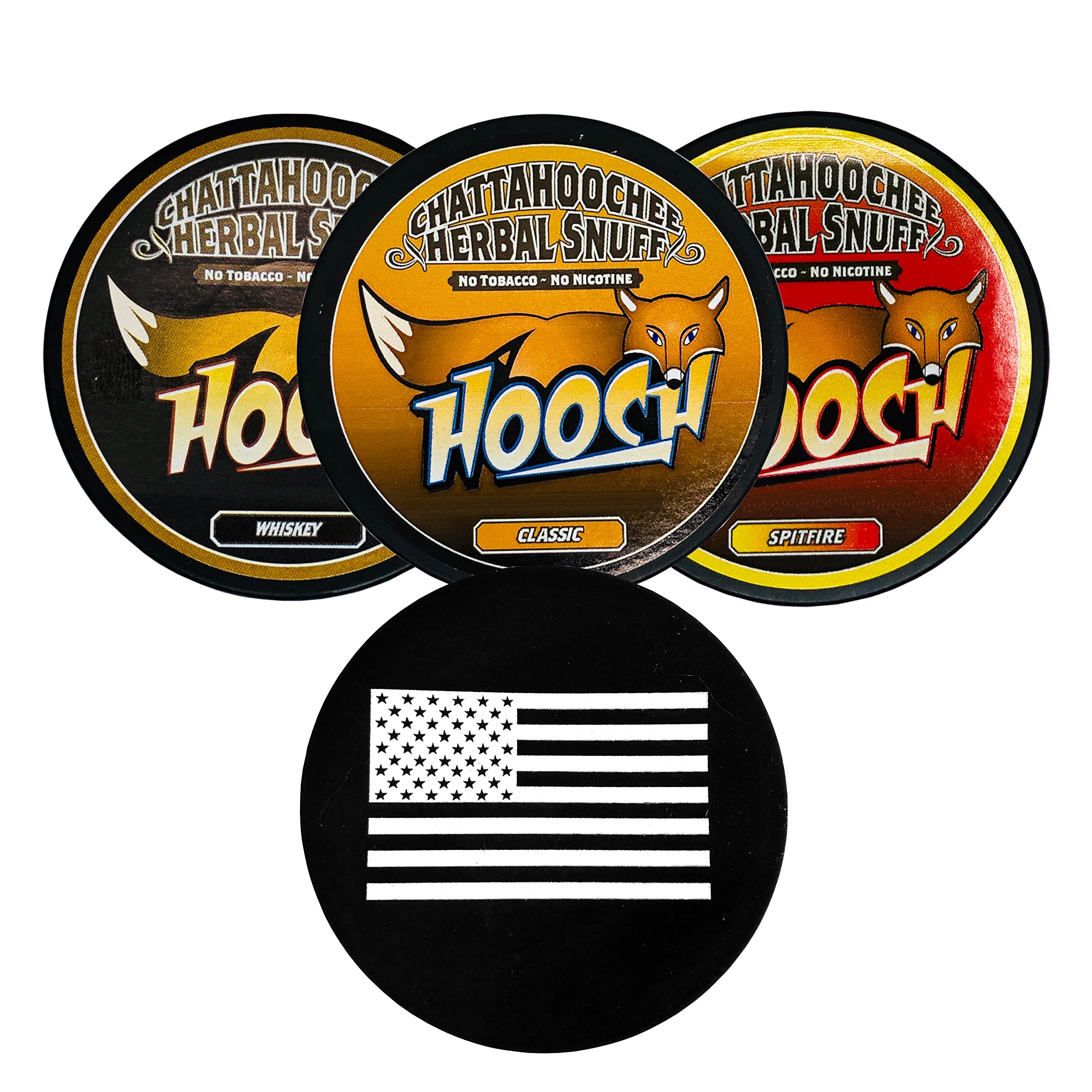 Hooch Herbal Snuff 3 Can Variety Sampler (Whiskey, Classic, and Spitfire) Fine Cut with DC Crafts Nation Skin Can Cover - US Flag
