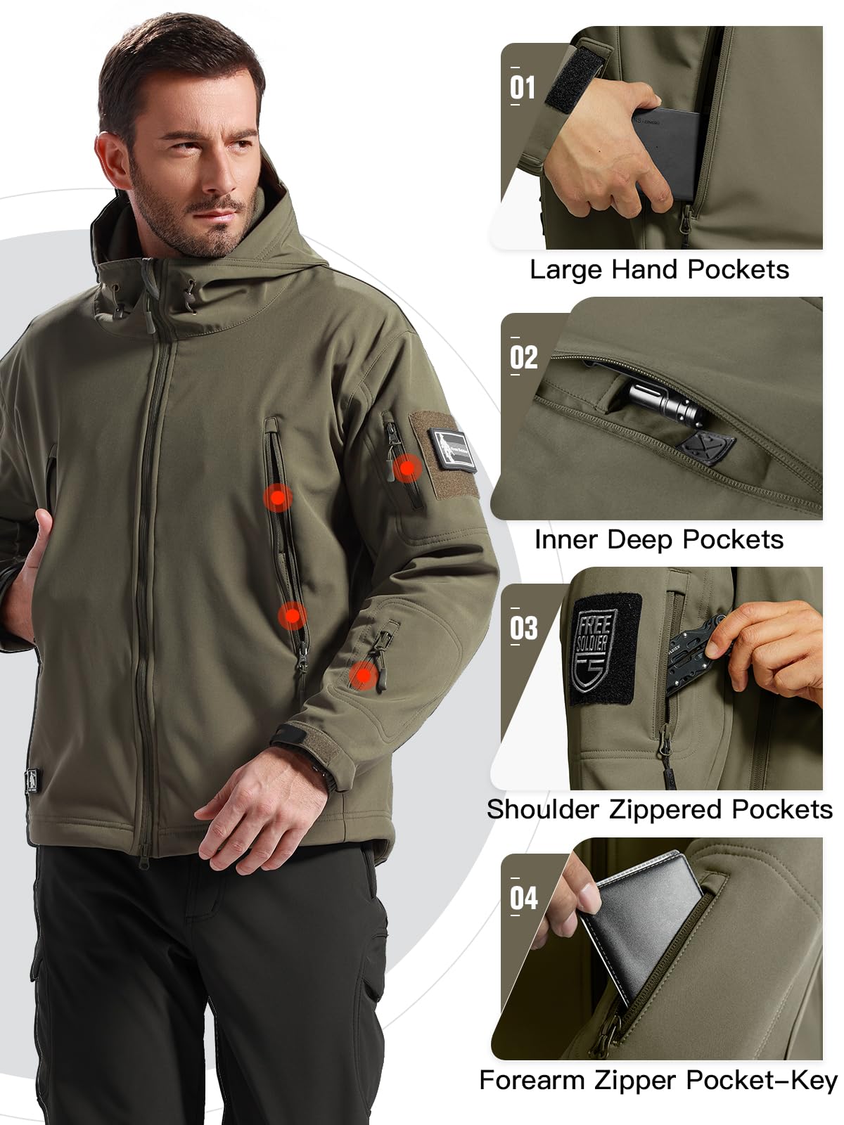 FREE SOLDIER Men's Outdoor Waterproof Soft Shell Hooded Military Tactical Jacket (Green XX-Large/US)