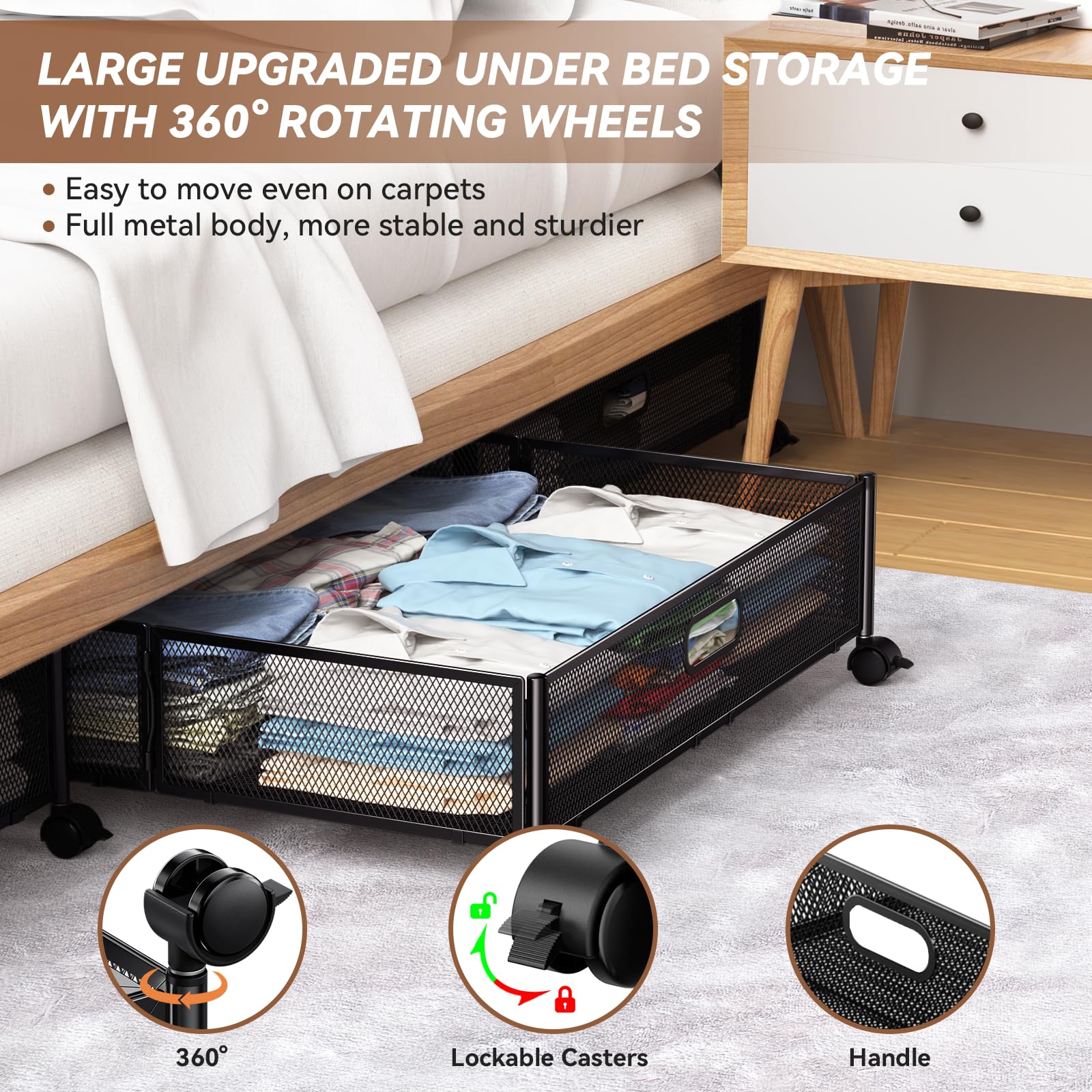 Under Bed Storage, Under the Bed Storage Containers with Wheels, Under Bed Shoe Storage Organizer Drawer, Tool-free Assembly Metal Underbed Storage Containers for Bedroom Clothes Shoes Blankets -4Pack