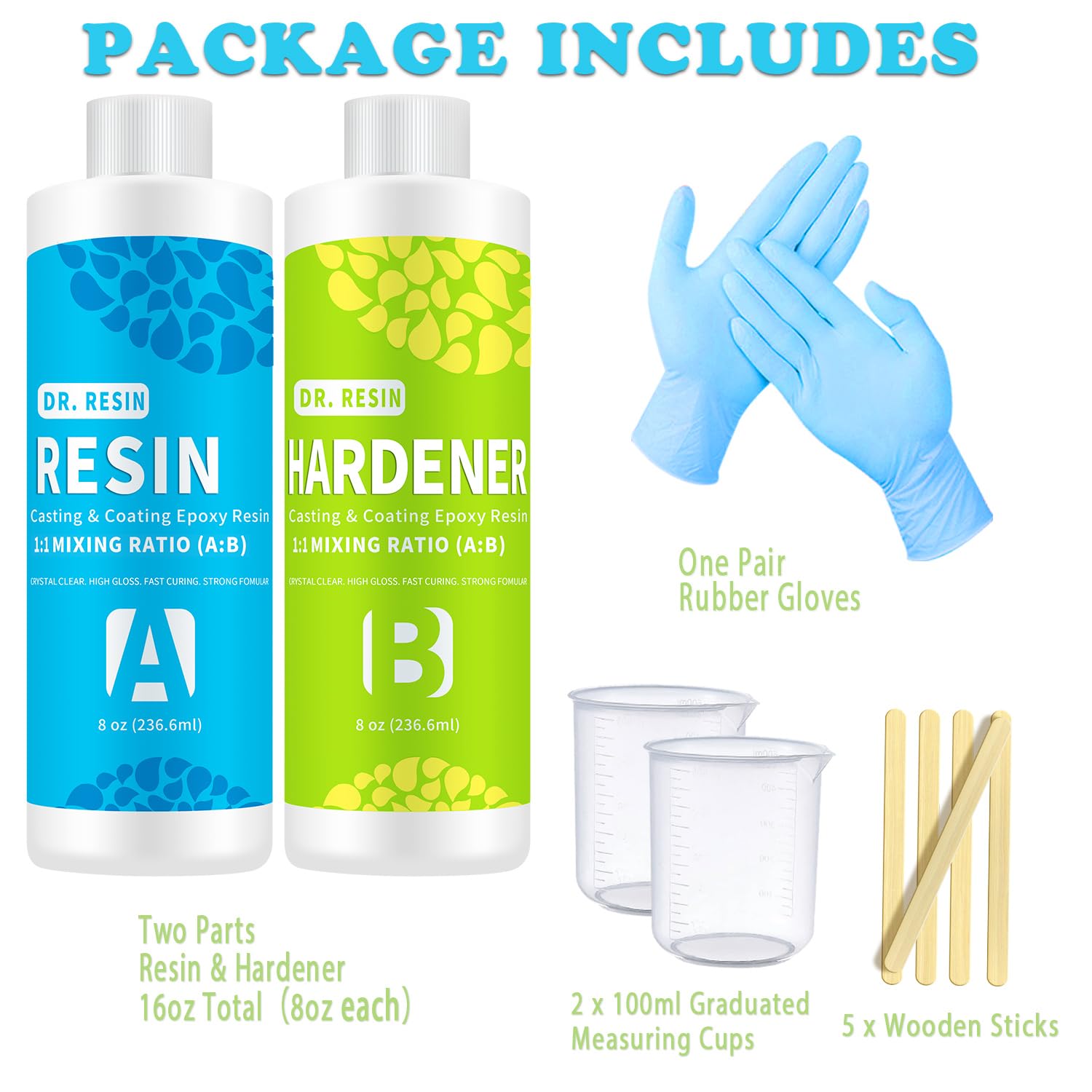 Clear Epoxy Resin Art Resin Kit 16 oz Crystal Jewelry Resin 2 Part Epoxy Resin Kit with Bonus Measuring Cups Sticks Spreader and Gloves